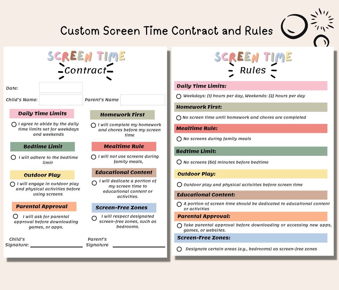 Screen Time Contract for Kids, Printable Screen Time Rules, Editable ...