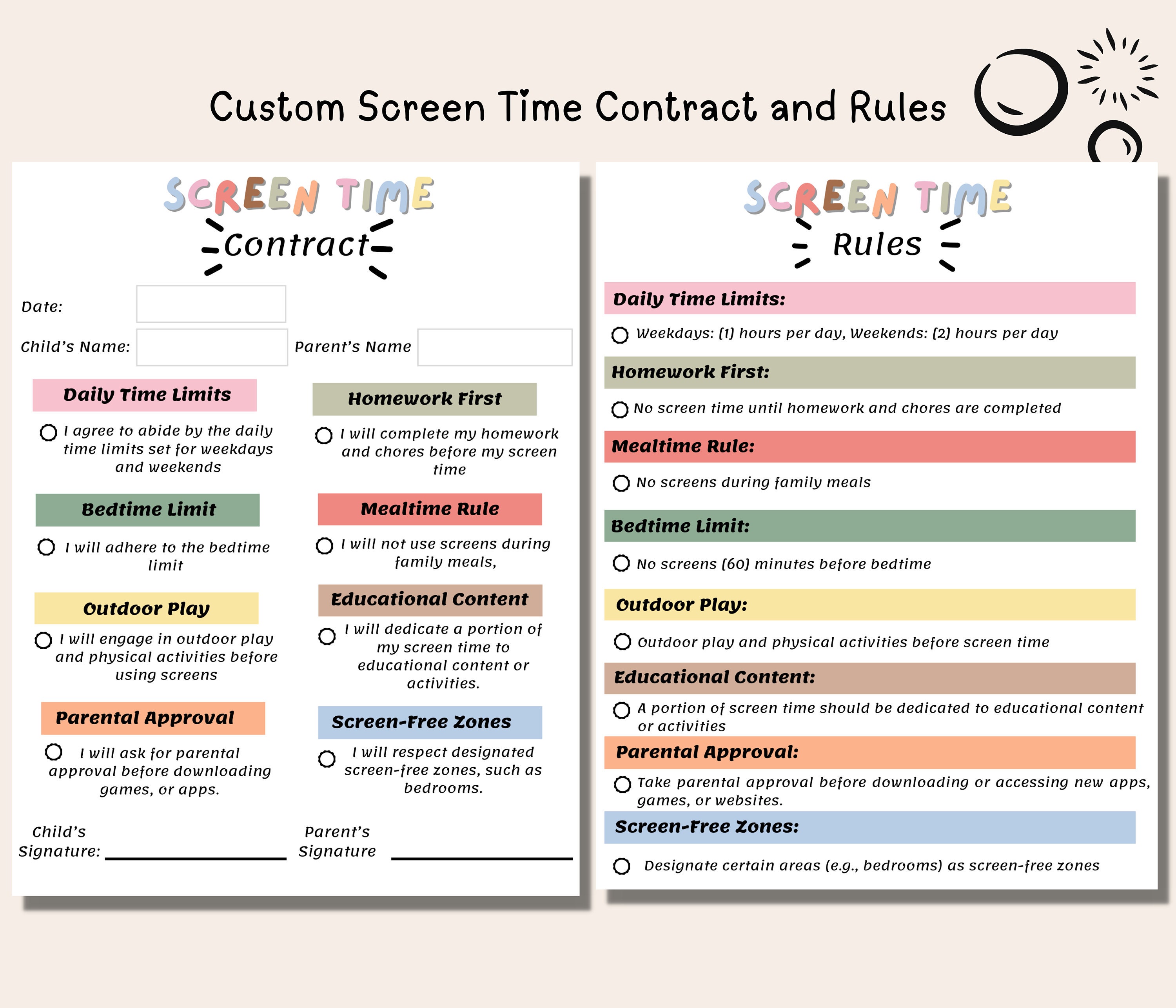 Screen Time Contract for Kids, Printable Screen Time Rules, Editable ...