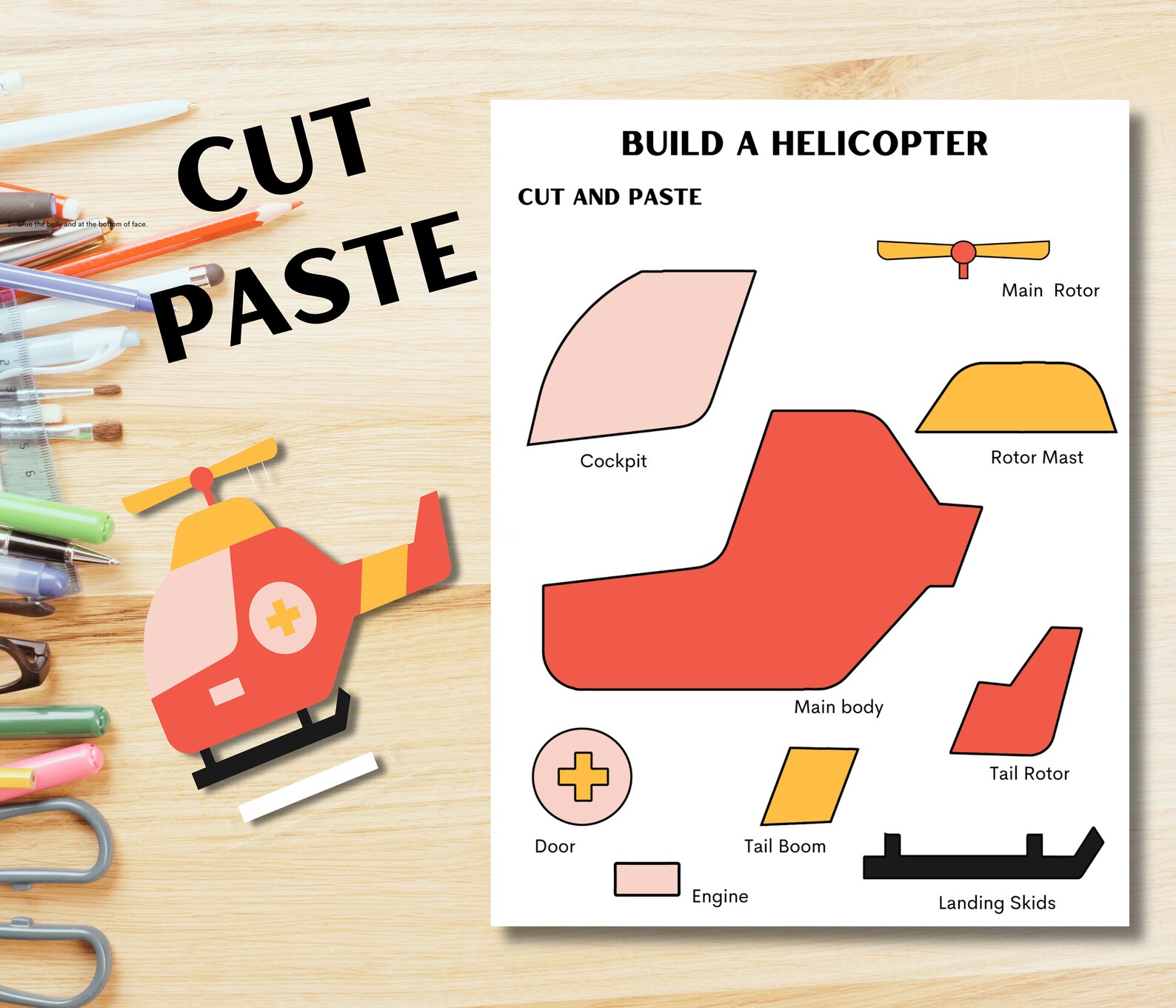 Cut and Paste Printable Helicopter Activity, Preschool Cutting Practice ...