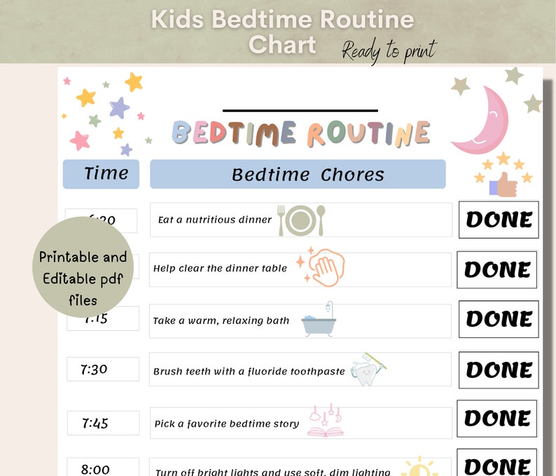 Bedtime Routine Chart Printable, Bedtime Visual Schedule, Nighttime ...