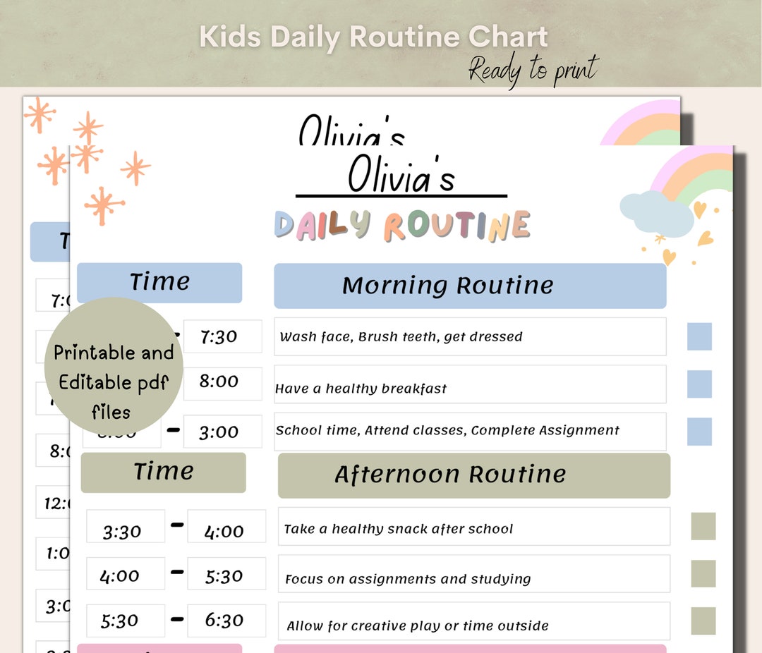 Daily Routine Checklist for Kids, Editable Kids Chore Chart Morning ...