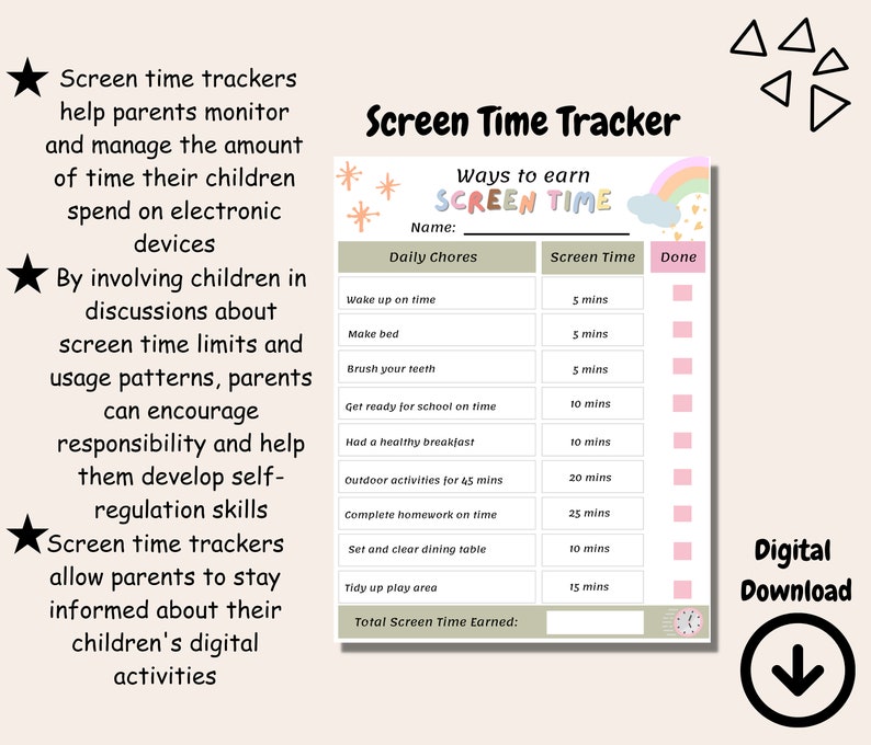 Screen Time Tracker for Kids, Editable Printable Screen Time Chart, How ...