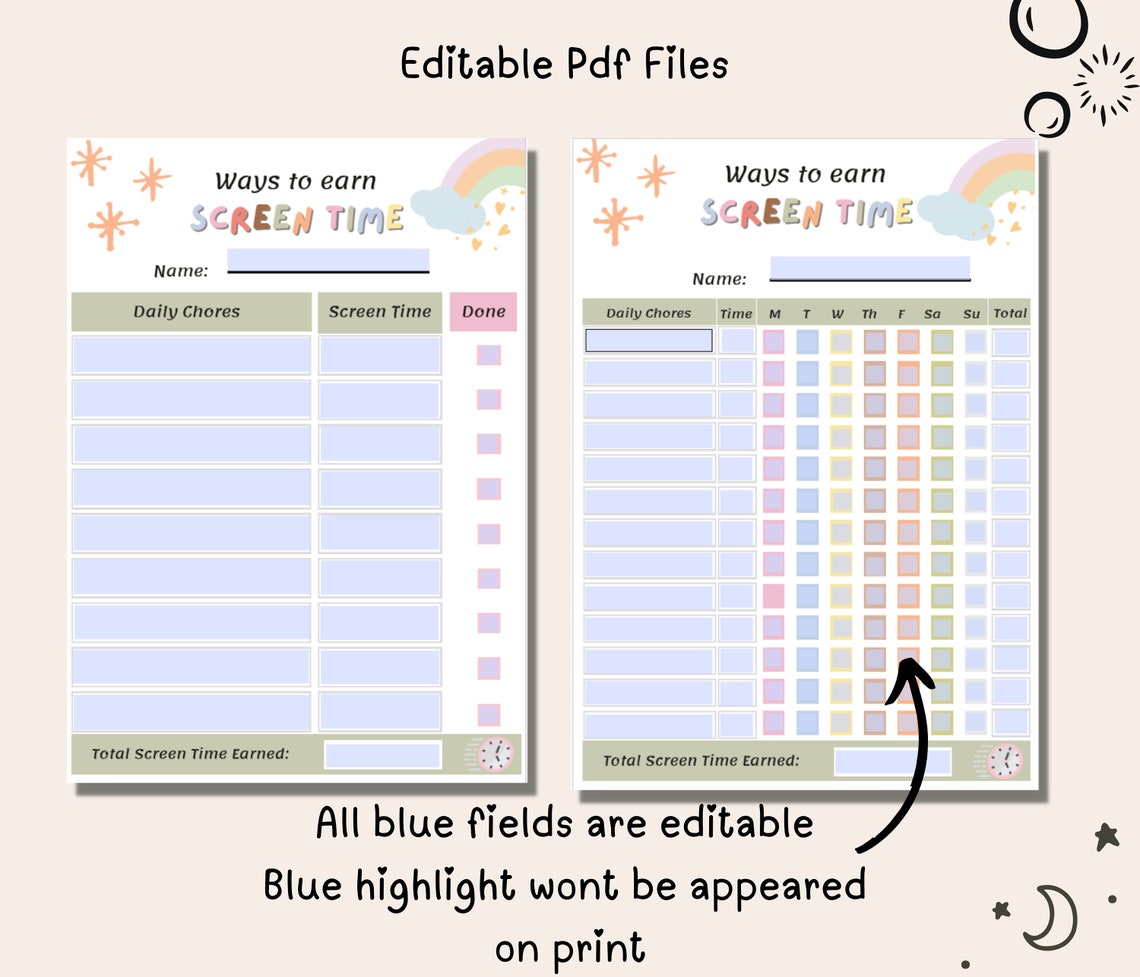 Screen Time Tracker for Kids, Editable Screen Time Checklist, Earn ...