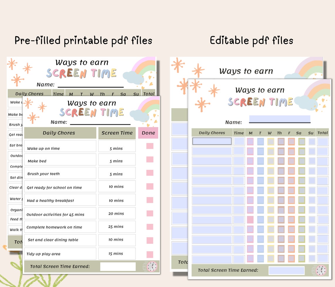 Screen Time Tracker for Kids, Editable Screen Time Checklist, Earn ...