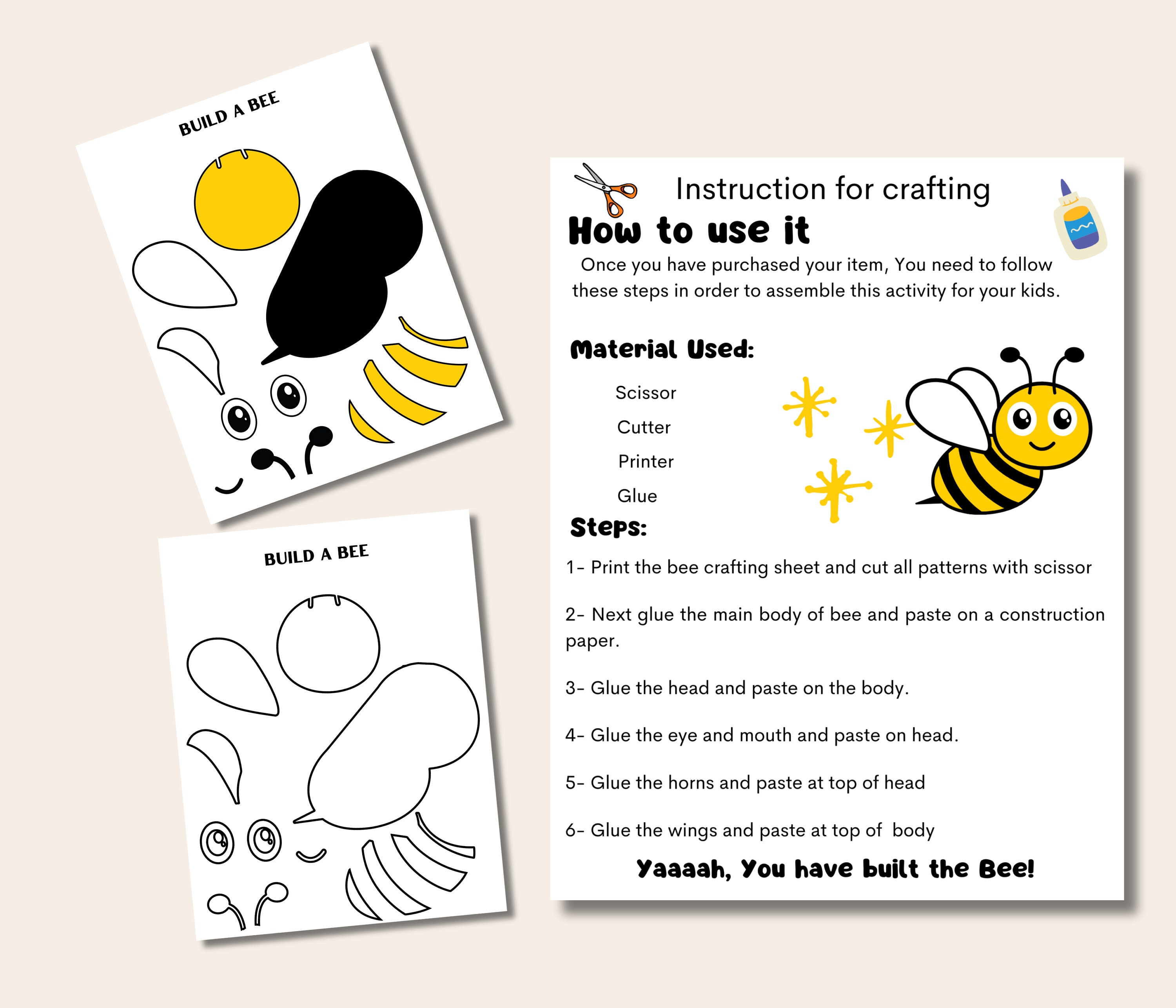 Bee Cut and Paste Worksheet for Kids, Cutting Practice Preschool ...