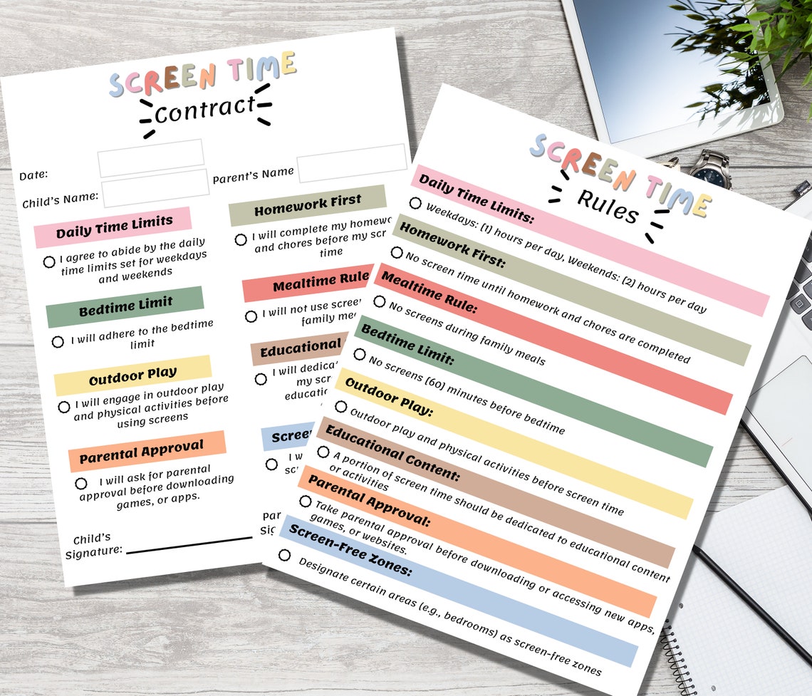 Screen Time Contract for Kids, Printable Screen Time Rules, Editable ...