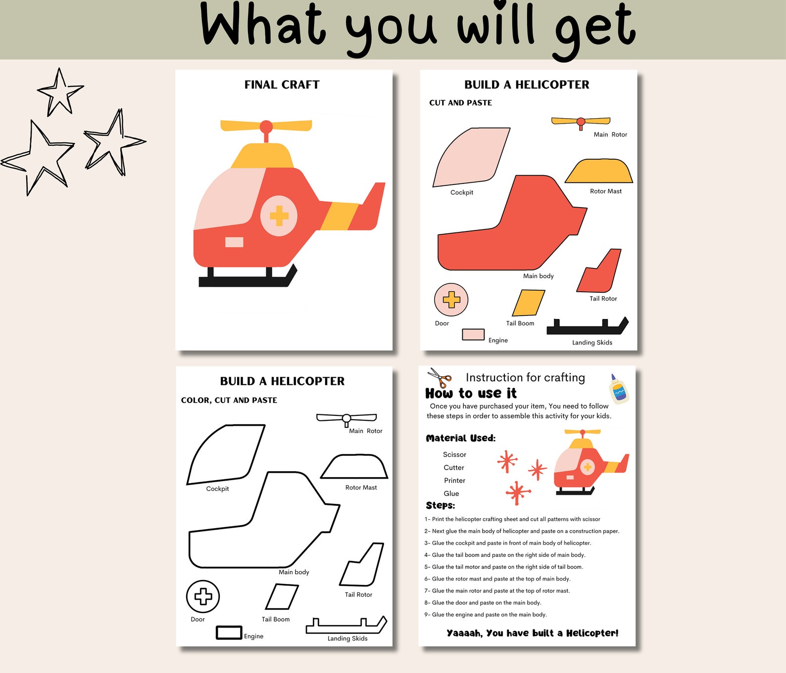Cut and Paste Printable Helicopter Activity, Preschool Cutting Practice ...