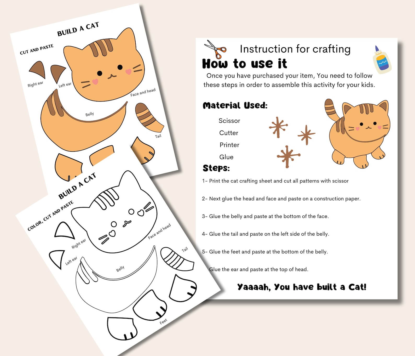 Cat Cut and Paste Activity for Kids, Printable Cut Glue Paste Worksheet ...