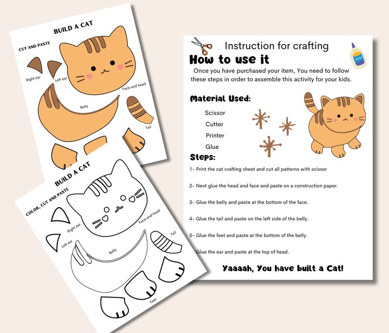 Cat Cut and Paste Activity for Kids, Printable Cut Glue Paste Worksheet ...