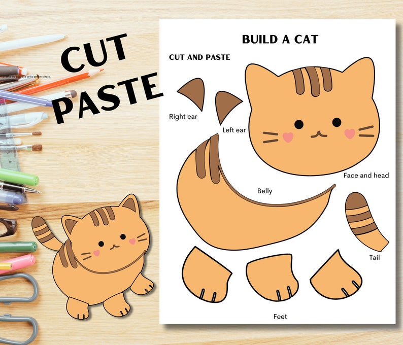 Cat Cut and Paste Activity for Kids, Printable Cut Glue Paste Worksheet ...