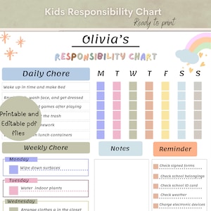 Responsibility Chart for Kids, Daily Chore Chart, Reward Chart ...