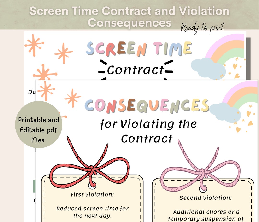 Screen Time Contract and Violation Consequences, Printable Screen Time ...