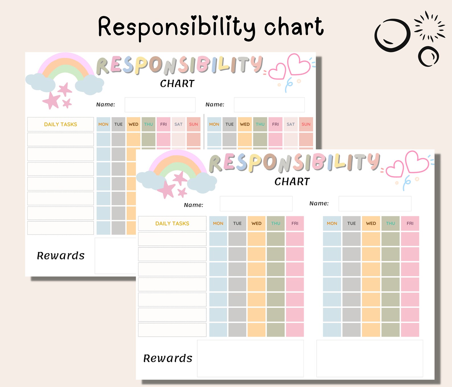 Responsibility Chart Two Kids, Editable Kids Chore Chart ...