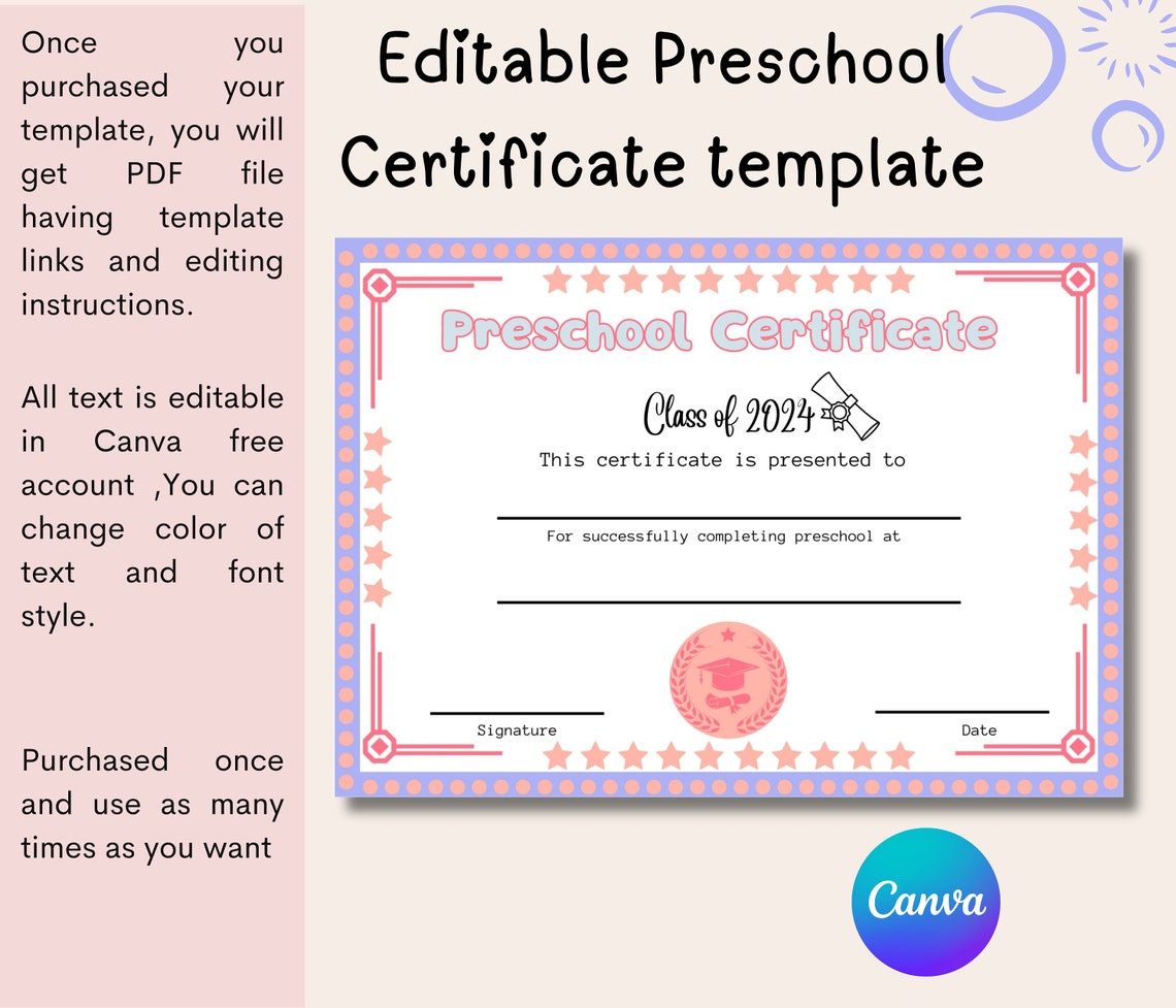 Editable Preschool Graduation Certificate, Printable Graduation Diploma ...