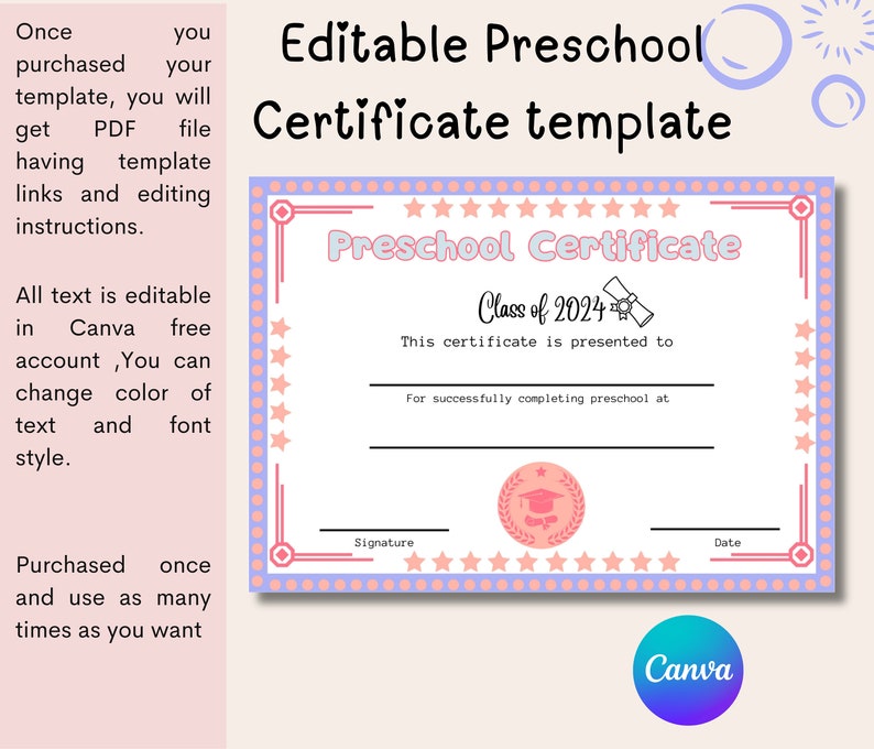 Editable Preschool Graduation Certificate, Printable Graduation Diploma ...