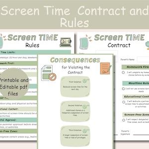 Screen Time Contract and Rules Chart Kids, Consequence Chart for ...