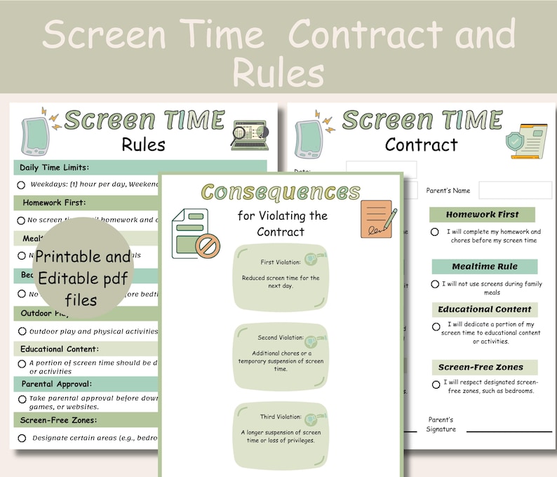 Screen Time Contract and Rules Chart Kids, Consequence Chart for ...