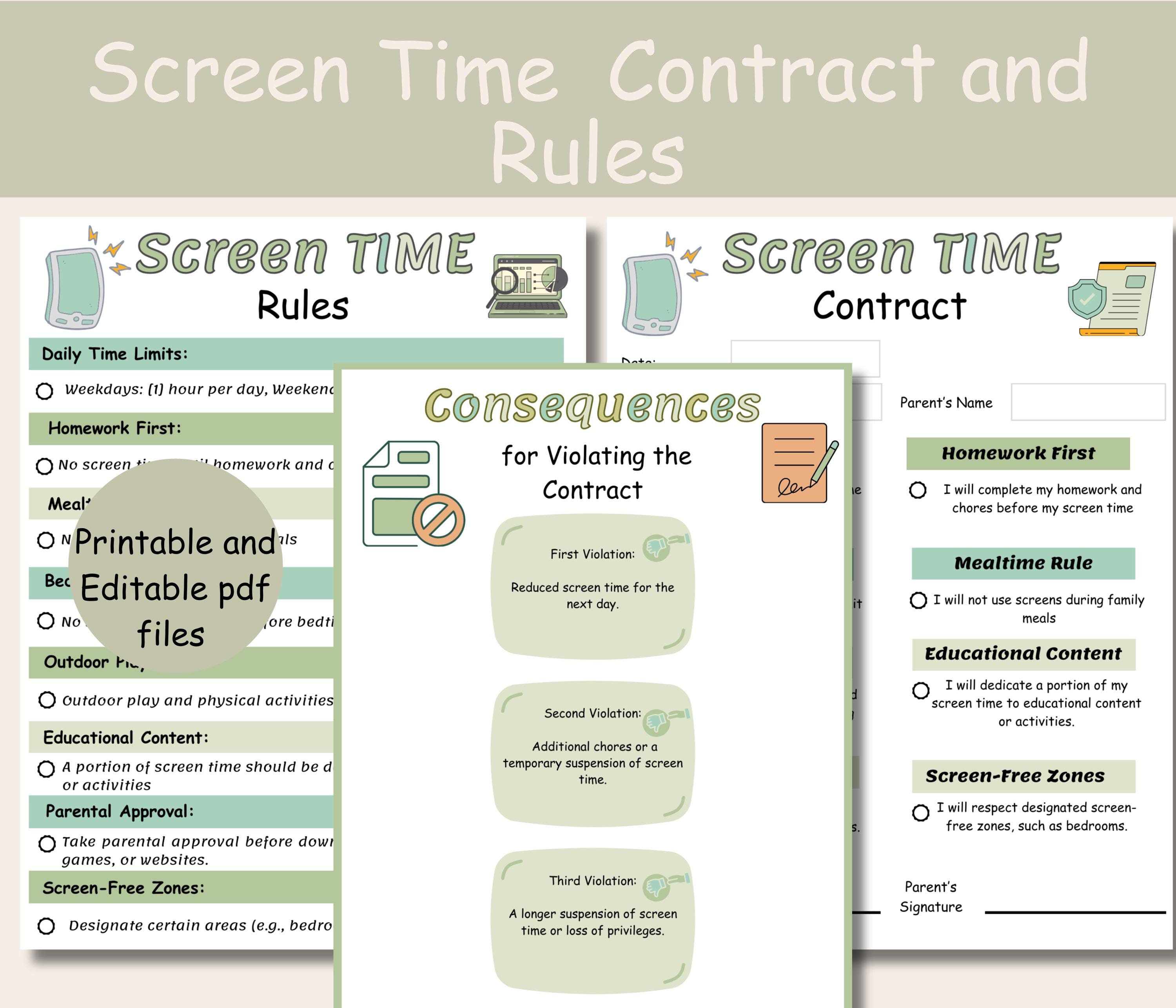 Screen Time Contract and Rules Chart Kids, Consequence Chart for ...