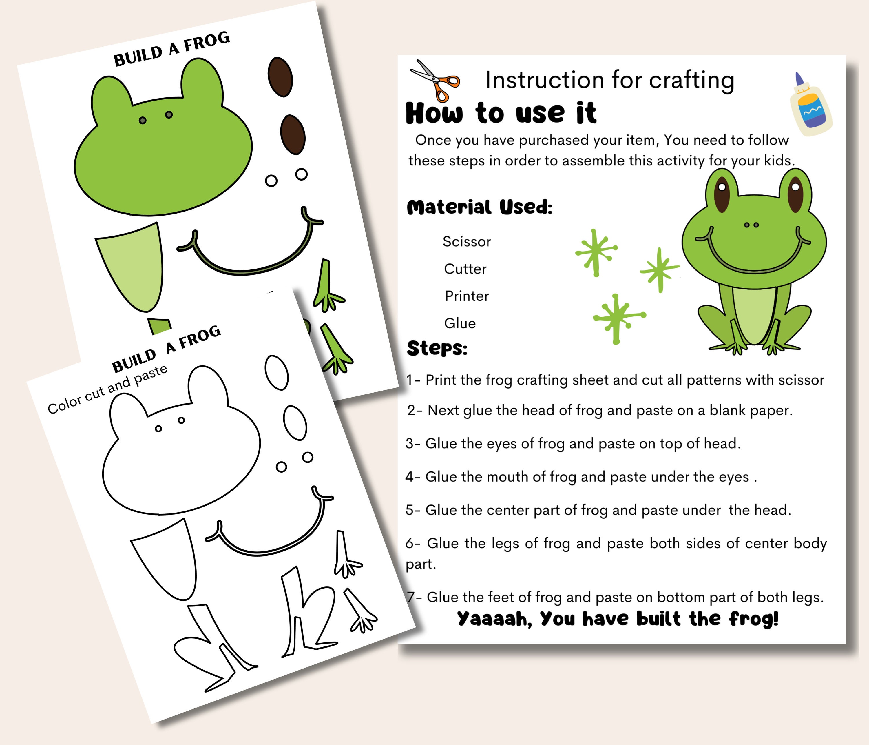 Frog Craft for Kids, Cut and Paste Activity Toddler, Fine Motor Skills ...