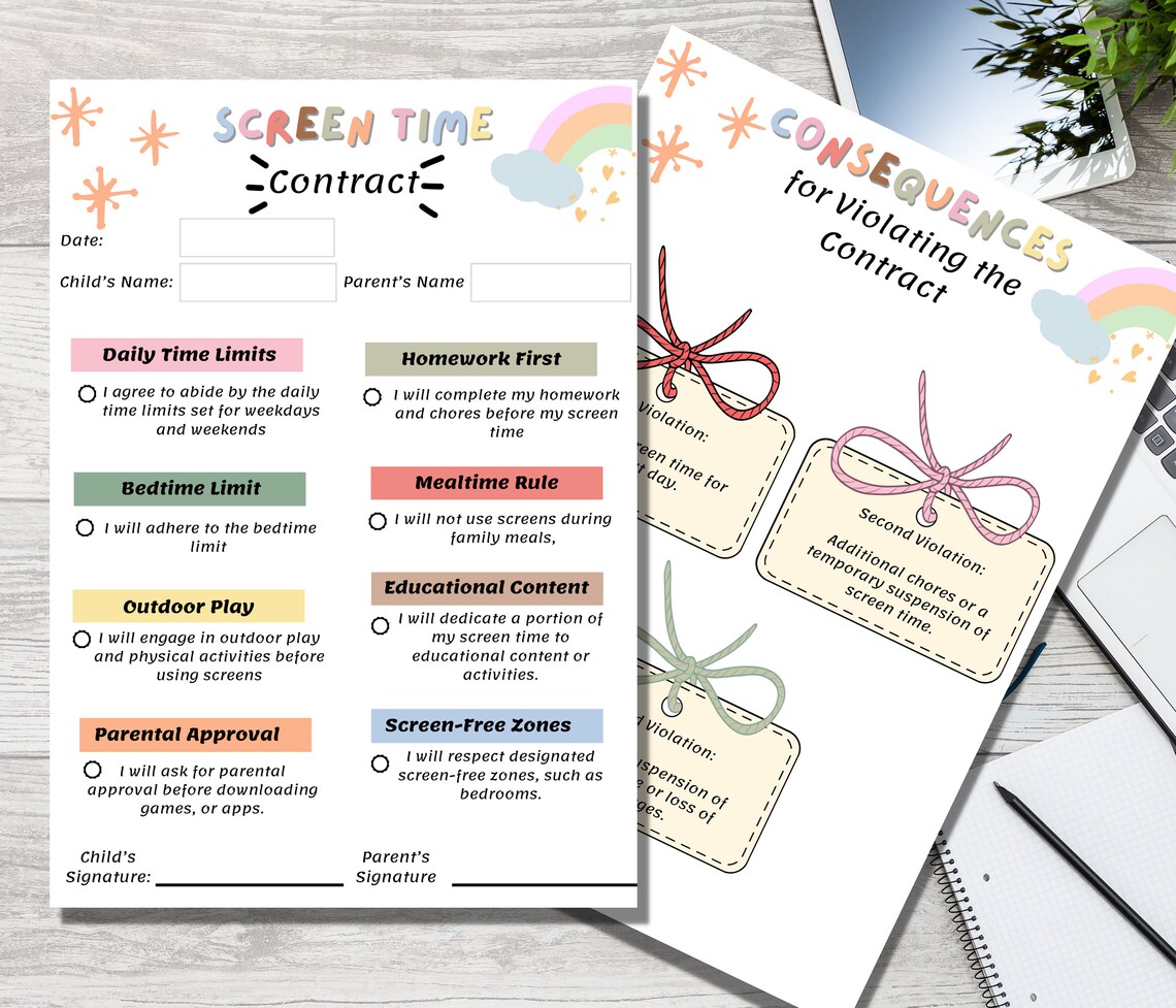 Screen Time Contract and Violation Consequences, Printable Screen Time ...