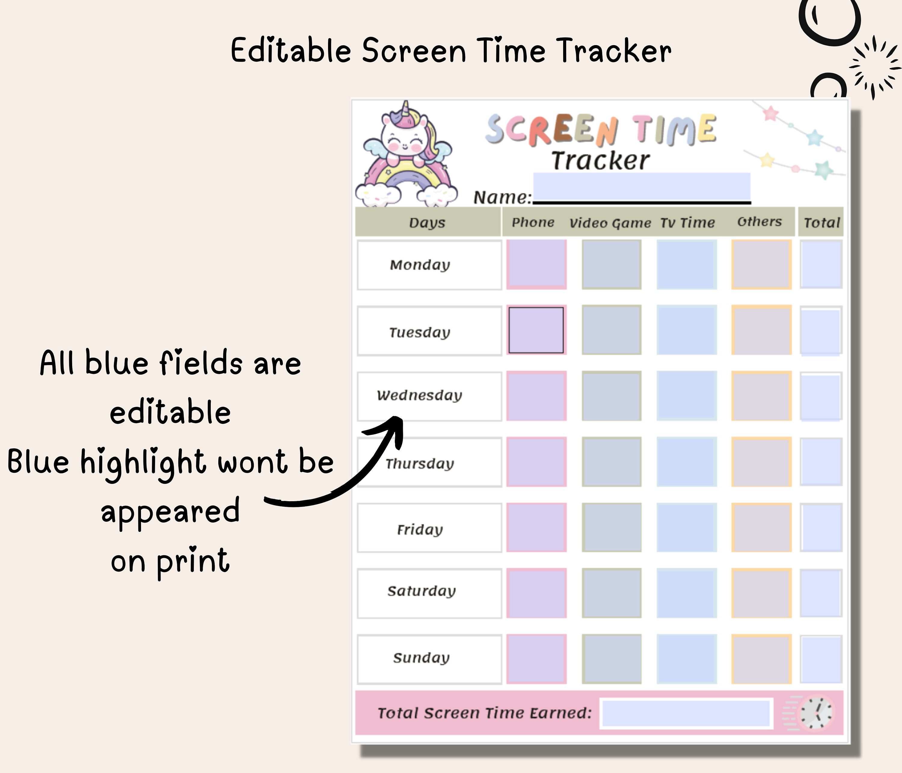 Screen Time Tracker for Kids, Printable Weekly Screen Time Tracker ...