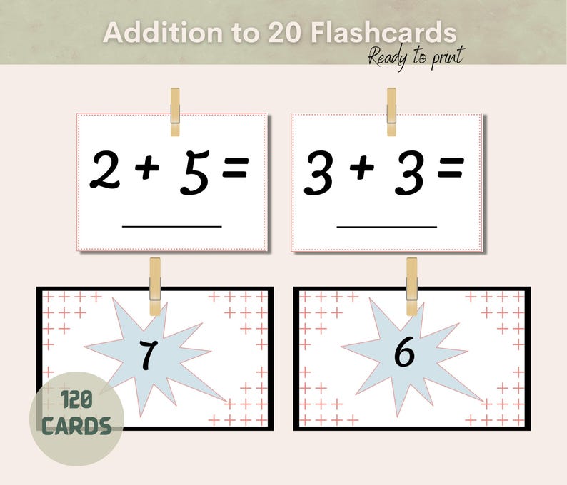 Addition to 20 Flashcards Printable, Montessori Addition Flashcards for ...