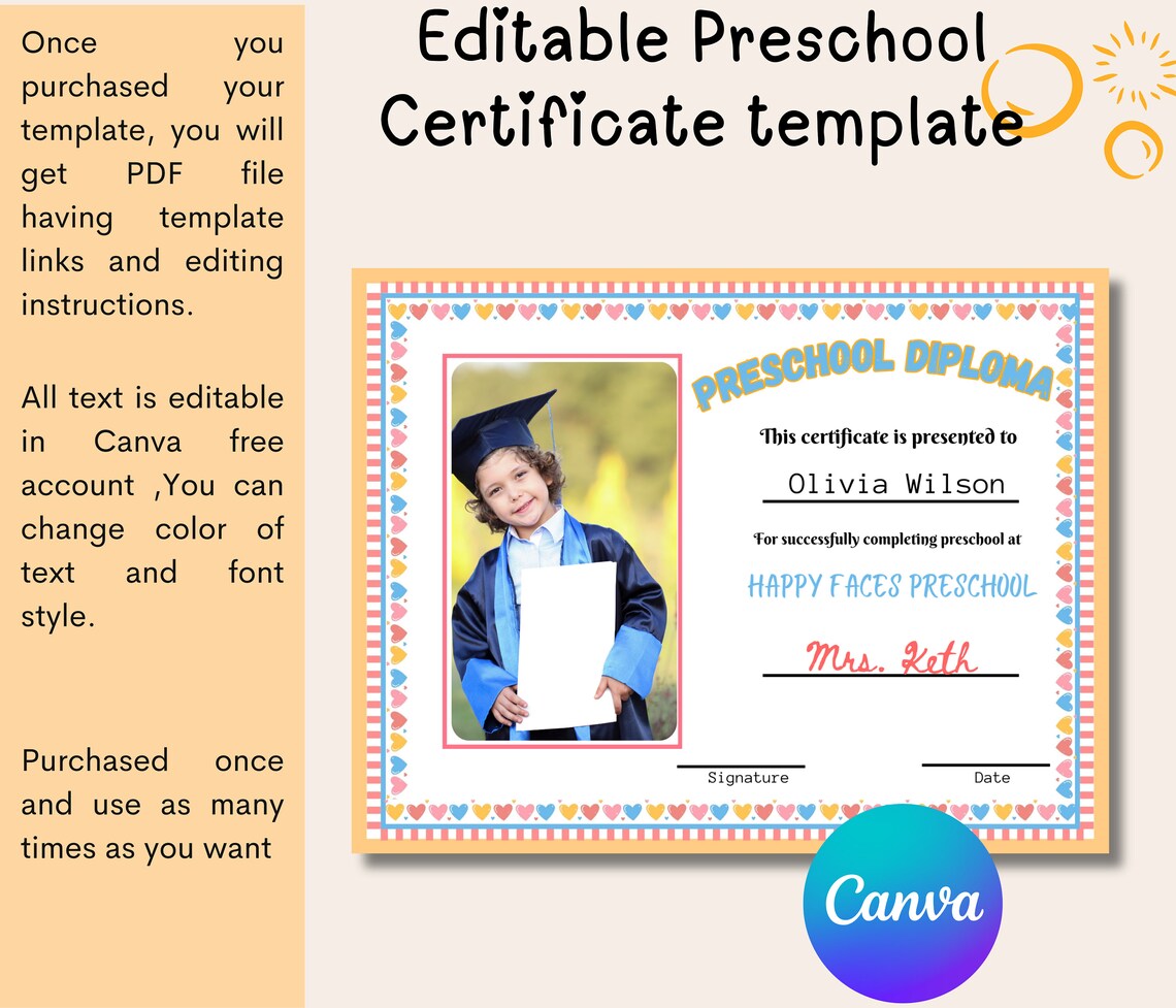 Editable Preschool Graduation Certificate, Printable Preschool ...