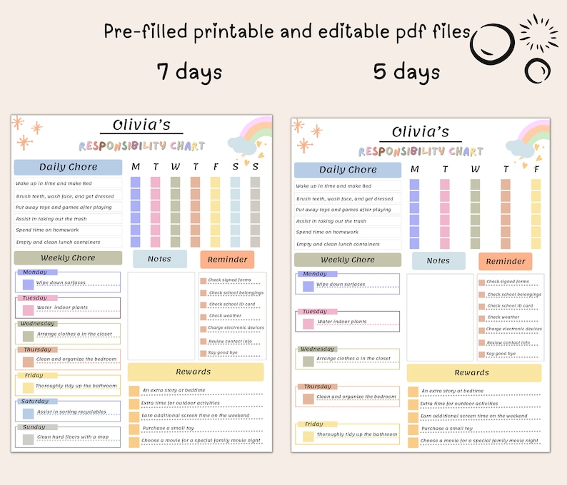 Responsibility Chart for Kids, Daily Chore Chart, Reward Chart ...