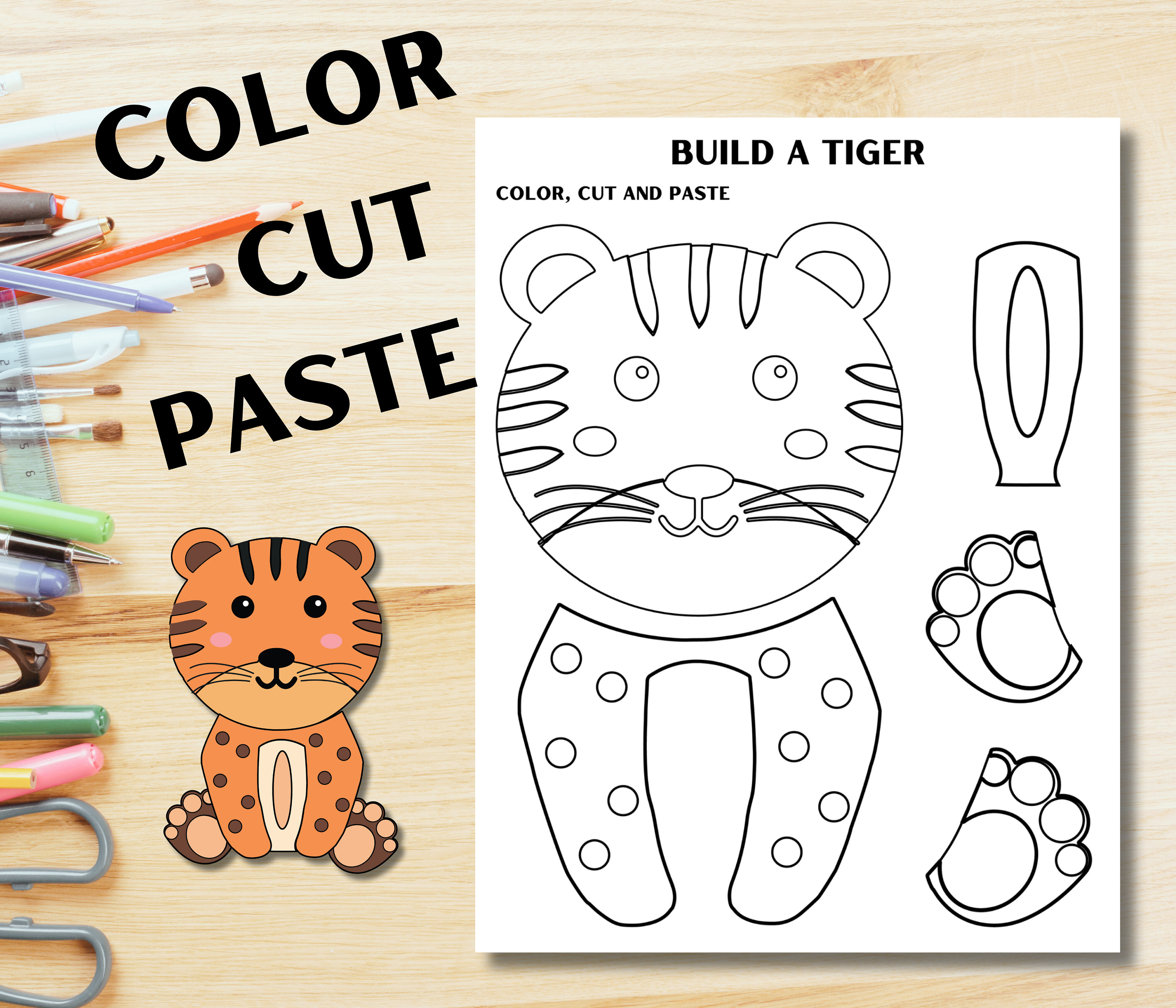 Tiger Cut Paste Activity, Preschool Cutting Practice, Kindergarten ...
