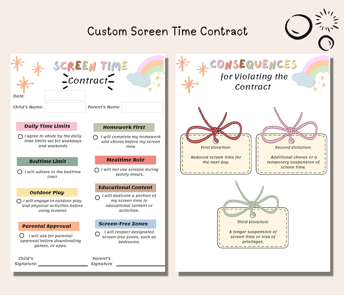 Screen Time Contract and Violation Consequences, Printable Screen Time ...
