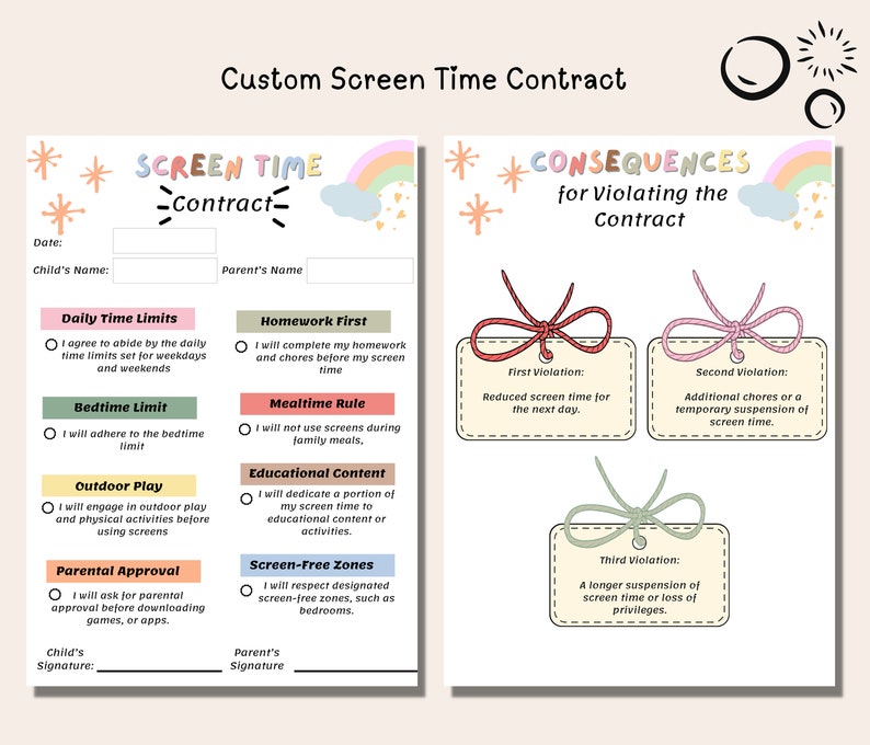 Screen Time Contract and Violation Consequences, Printable Screen Time ...
