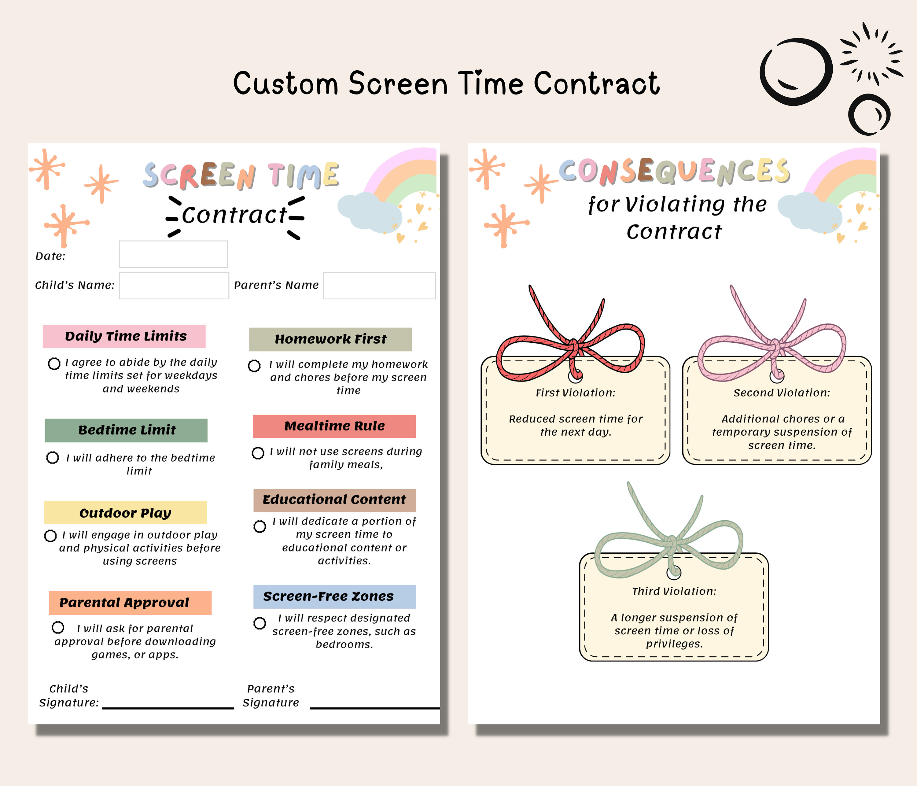 Screen Time Contract and Violation Consequences, Printable Screen Time ...