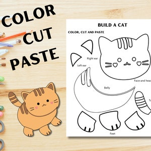 Cat Cut and Paste Activity for Kids, Printable Cut Glue Paste Worksheet ...