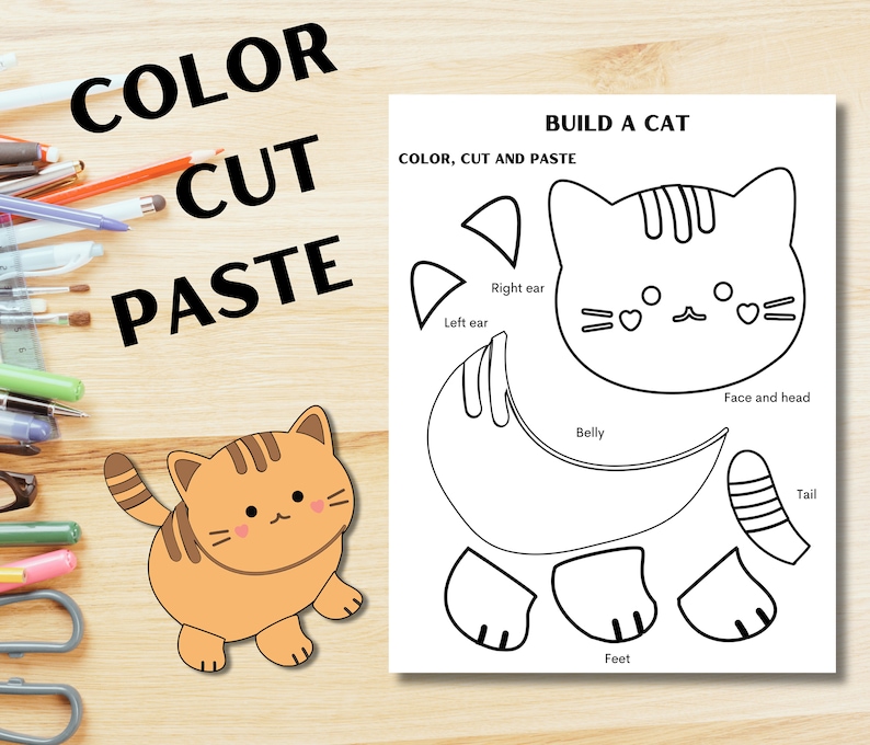 Cut and Paste Cat Activity for Kids, Preschool Cutting Practice ...