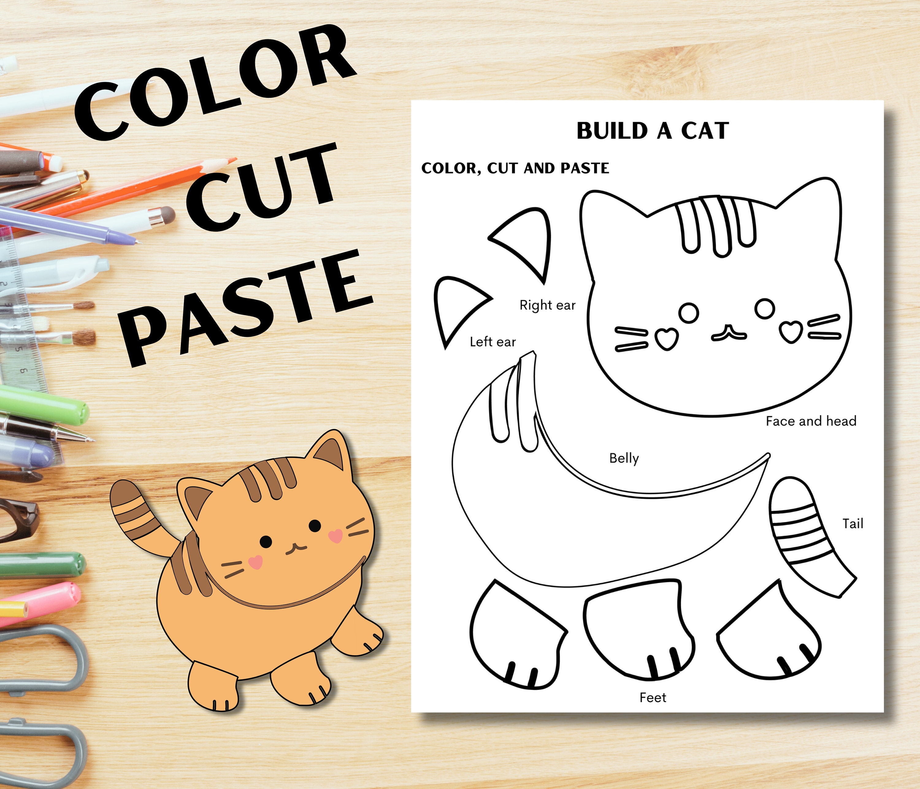 Cut and Paste Cat Activity for Kids, Preschool Cutting Practice ...