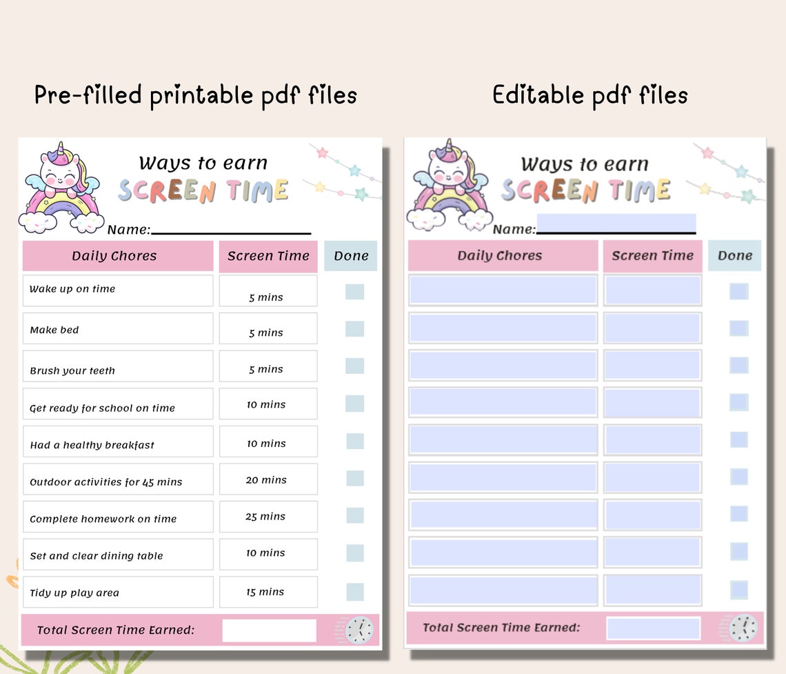 Screen Time Checklist, Screen Time Coupons Printable, Earn Screen Time ...