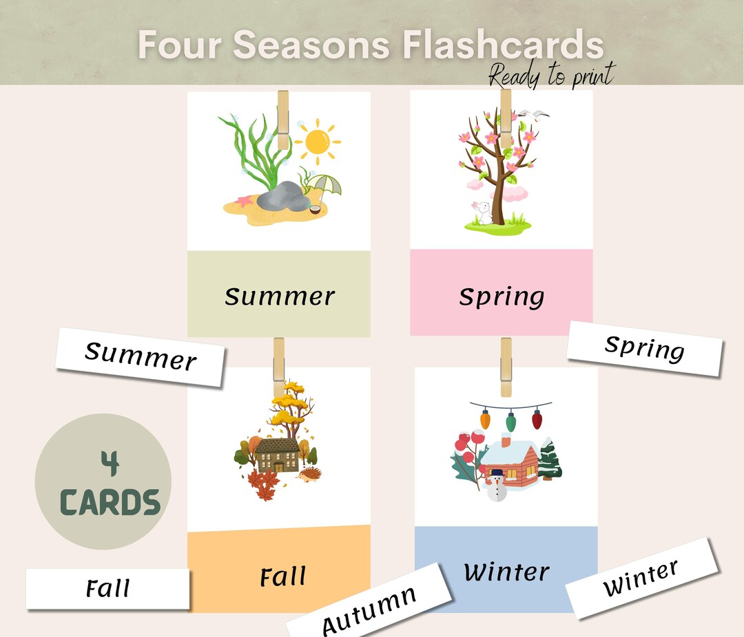 Four Seasons Flashcards for Kids, Printable Montessori Cards, Visual ...