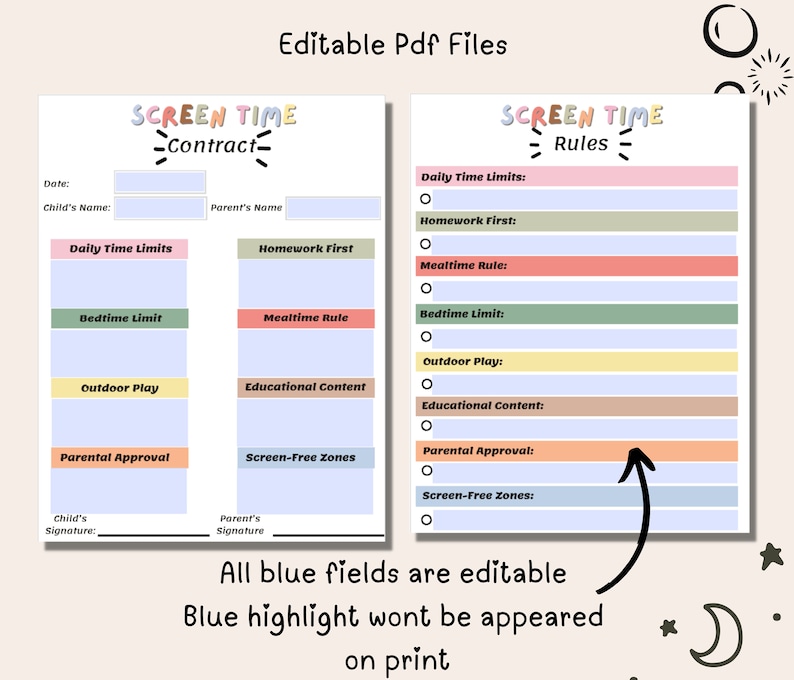 Screen Time Contract for Kids, Printable Screen Time Rules, Editable ...