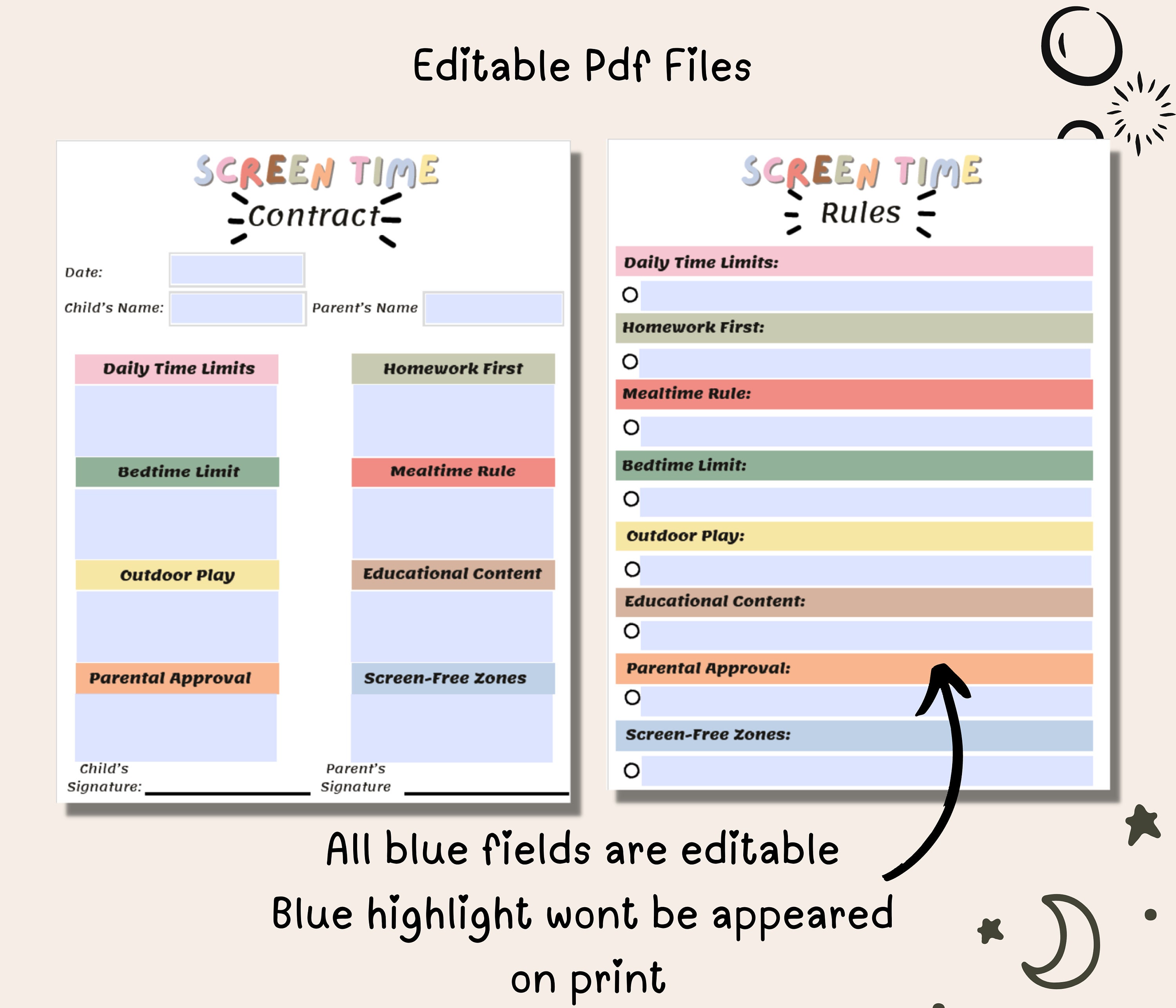 Screen Time Contract for Kids, Printable Screen Time Rules, Editable ...
