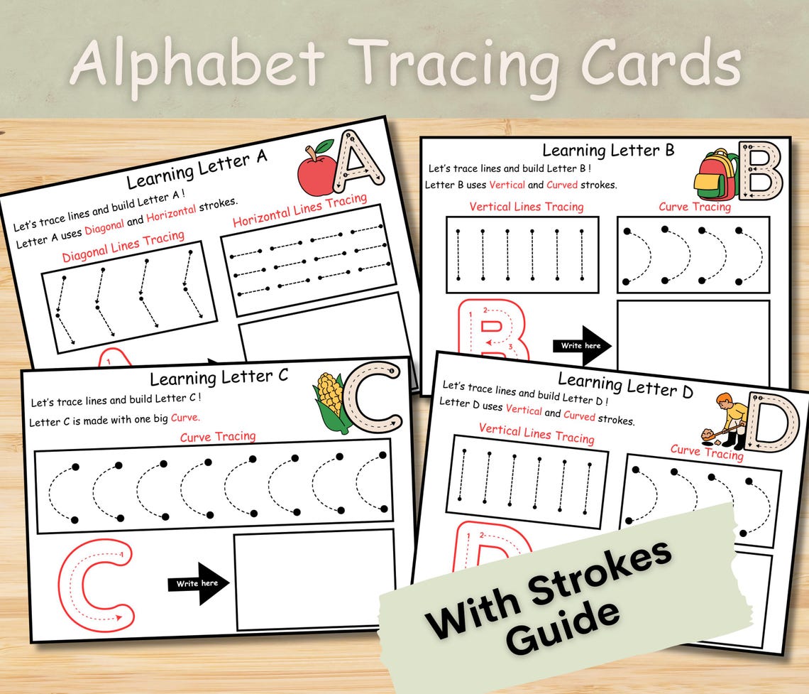 Preschool Letter Tracing Cards: ABC Strokes Guide (digital Download) - Etsy