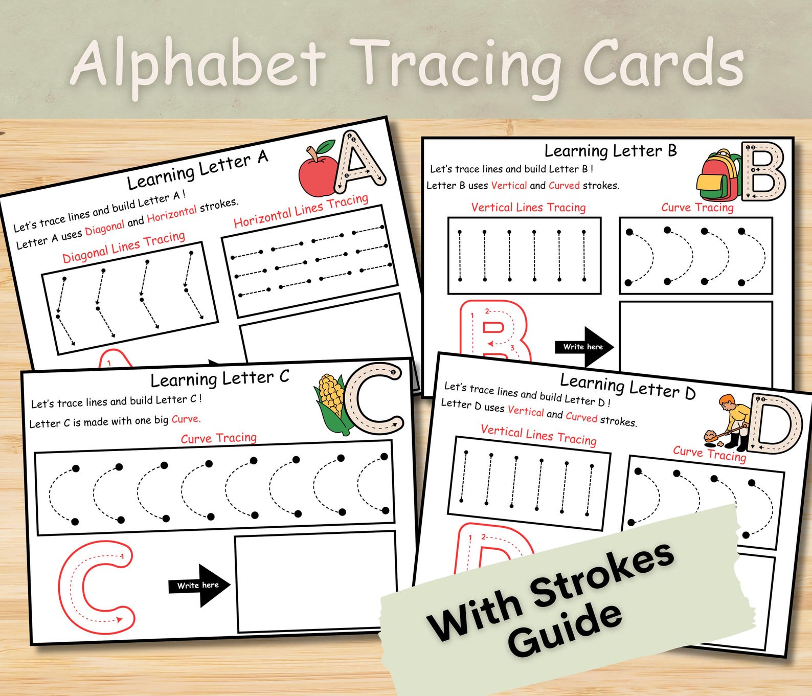 Preschool Letter Tracing Cards: ABC Strokes Guide (digital Download) - Etsy