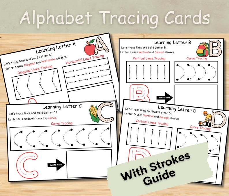 Preschool Letter Tracing Cards: ABC Strokes Guide (digital Download) - Etsy