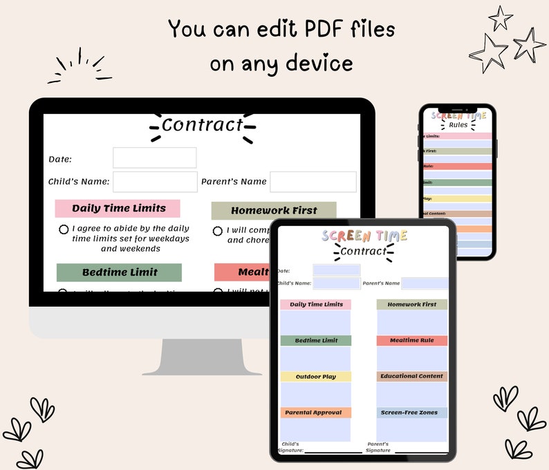 Screen Time Contract for Kids, Printable Screen Time Rules, Editable ...