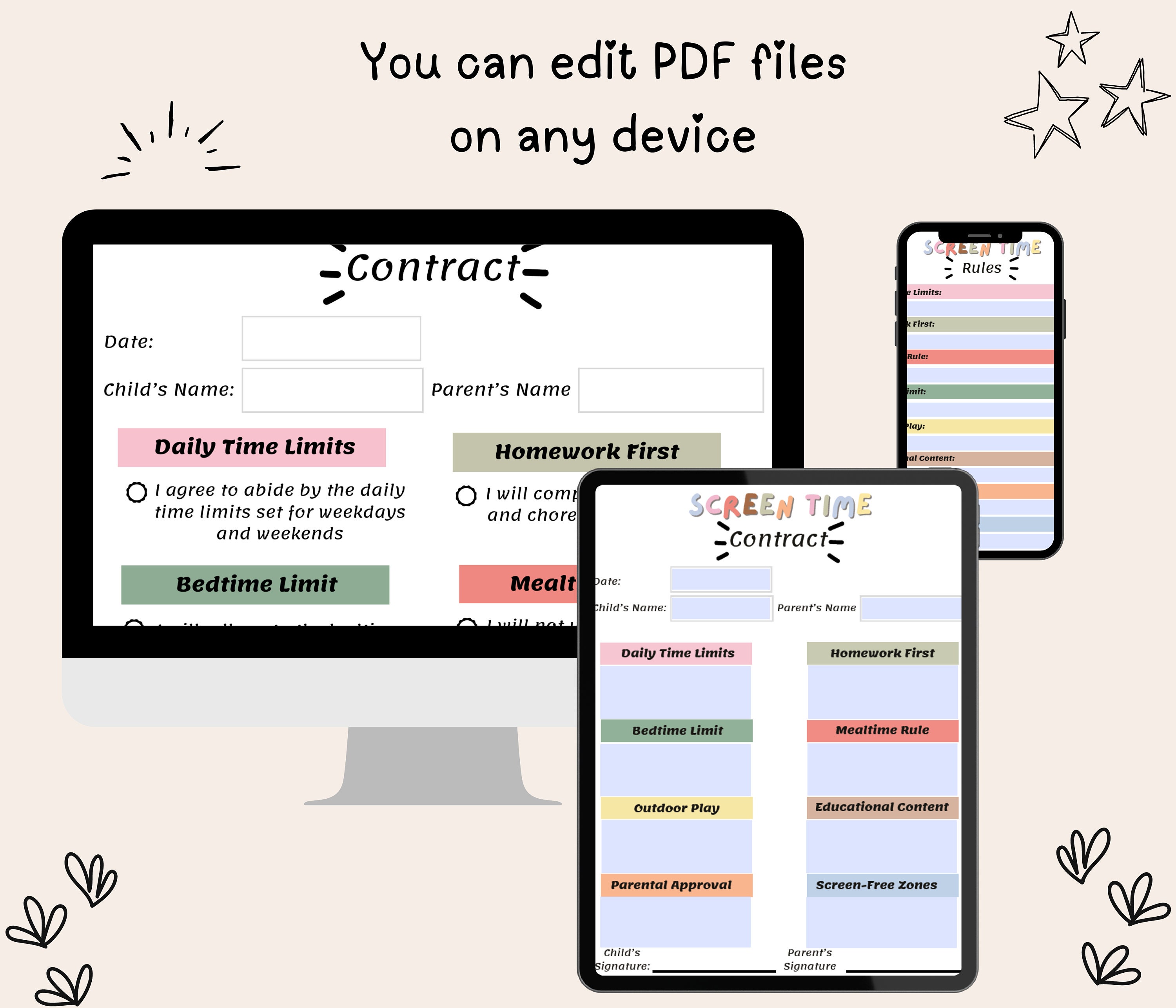 Screen Time Contract for Kids, Printable Screen Time Rules, Editable ...