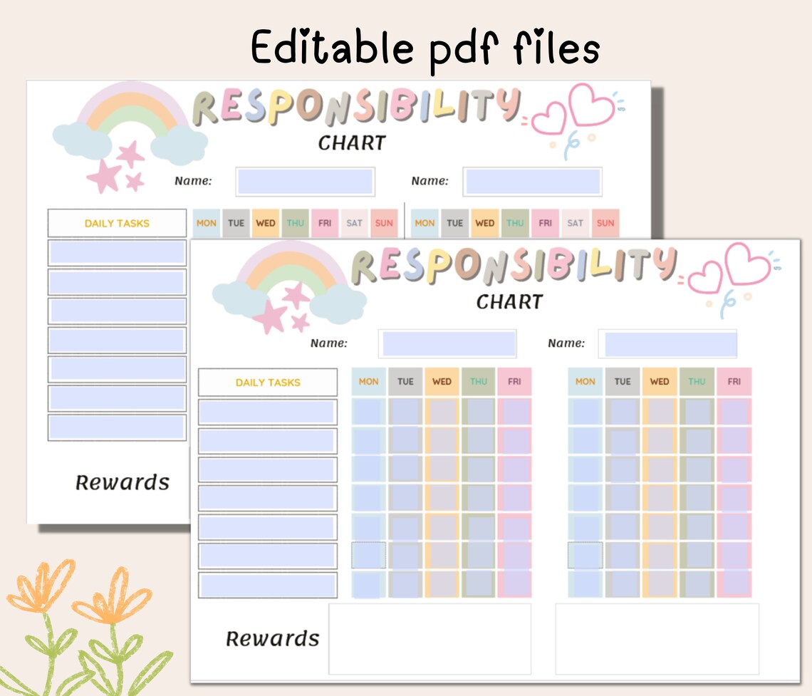 Responsibility Chart Two Kids, Editable Kids Chore Chart ...