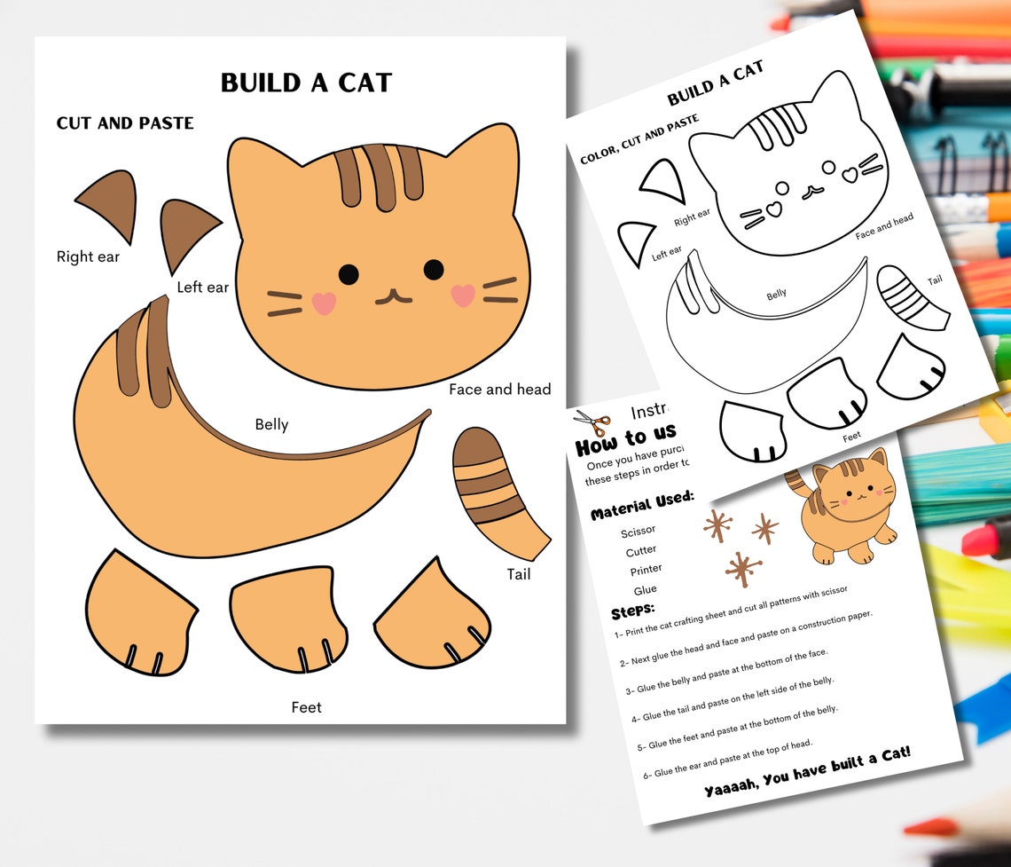 Cat Cut and Paste Activity for Kids, Printable Cut Glue Paste Worksheet ...