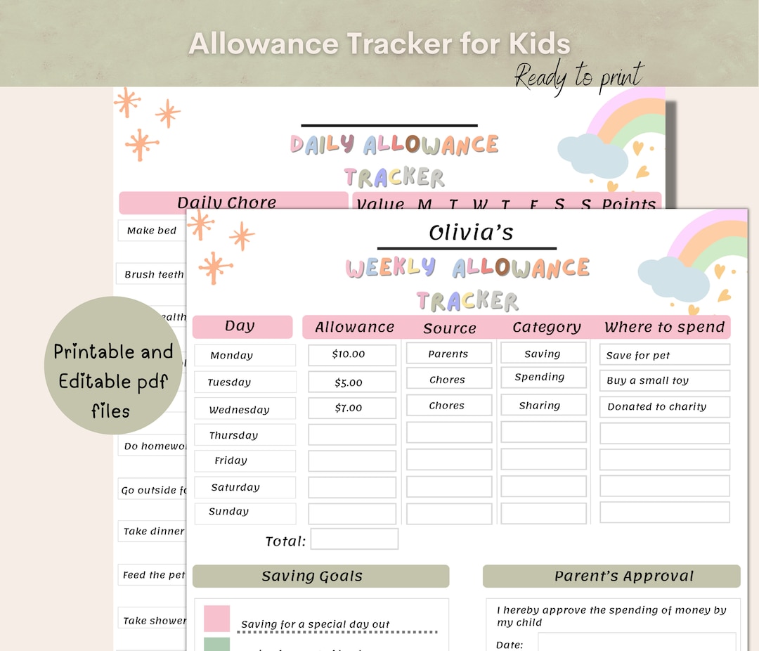 Kids Allowance Tracker, Printable Kids Chore Chart With Allowance ...