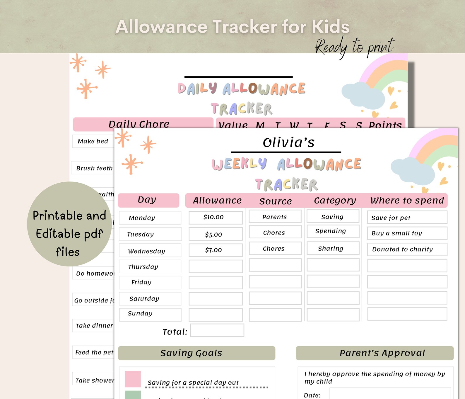 Kids Allowance Tracker, Printable Kids Chore Chart With Allowance ...