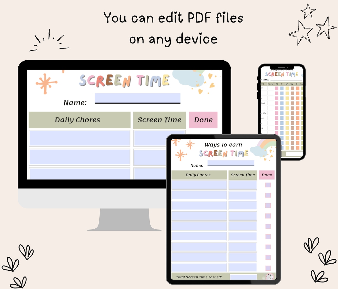 Screen Time Tracker for Kids, Editable Screen Time Checklist, Earn ...
