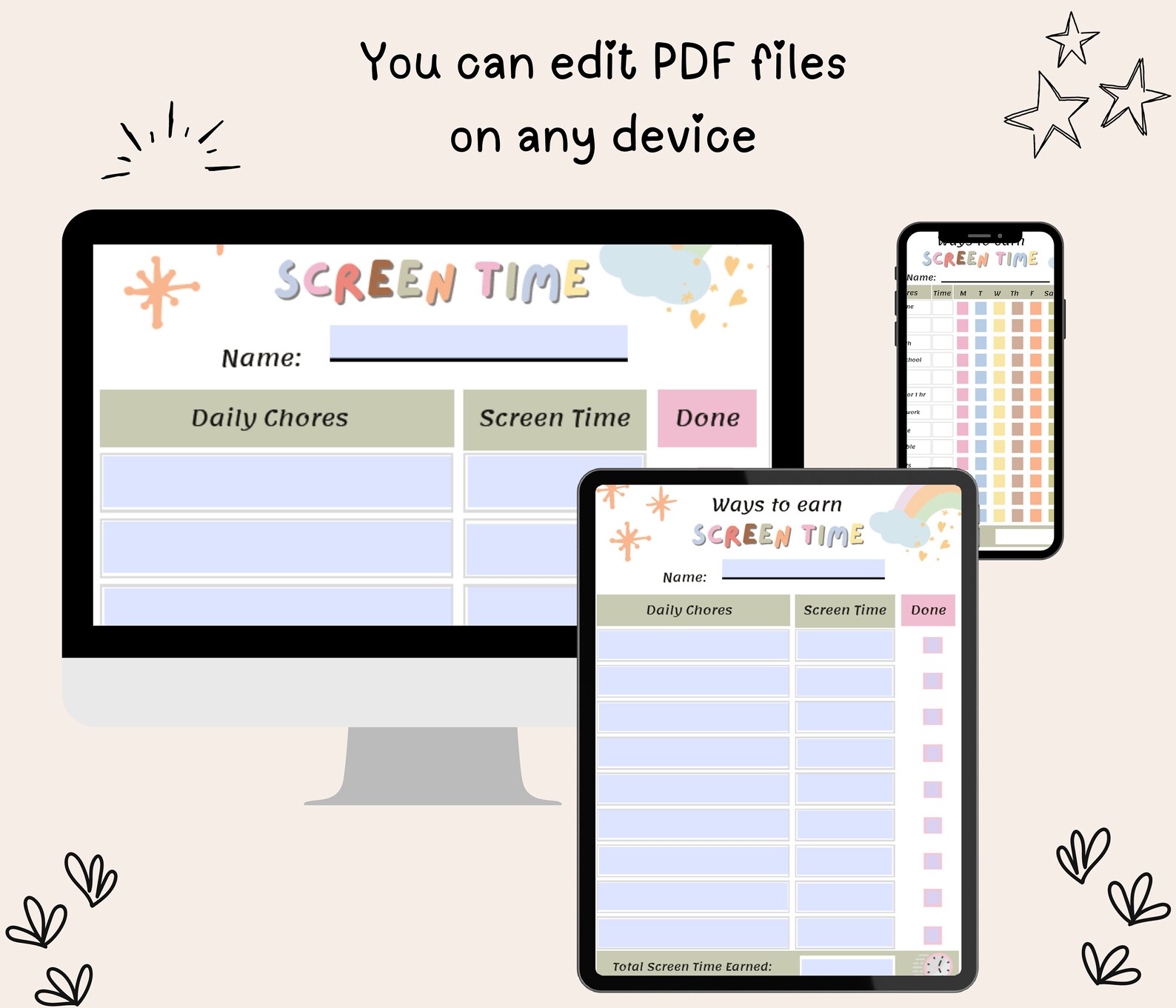 Screen Time Tracker for Kids, Editable Screen Time Checklist, Earn ...